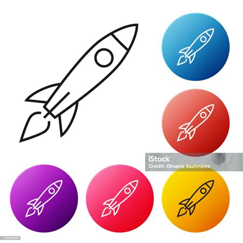흰색 배경에 고립 된 화재 아이콘이있는 검은 선 로켓 선박 우주 여행 아이콘 다채로운 원 버튼을 설정합니다 벡터 일러스트레이션 0명에 대한 스톡 벡터 아트 및 기타 이미지