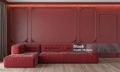 소파 벽 몰딩 천장 백라이트 나무 바닥 문과 커튼 현대 클래식 레드 인테리어 3d 렌더링 그림 이랑 빨강에 대한 스톡 사진 및 기타 이미지 Istock