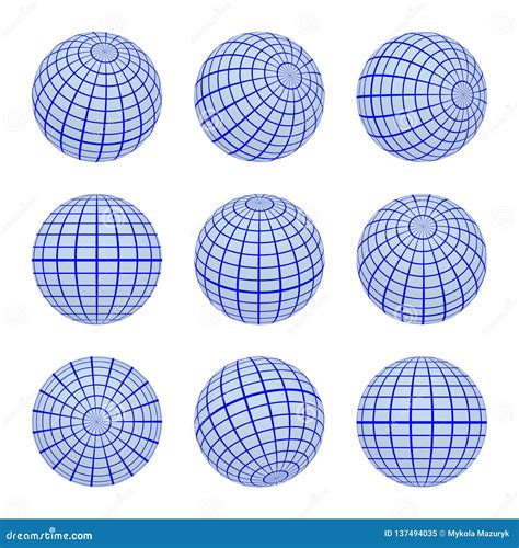 Set Spheres Globe Earth Grid From Different Sides Stock Vector