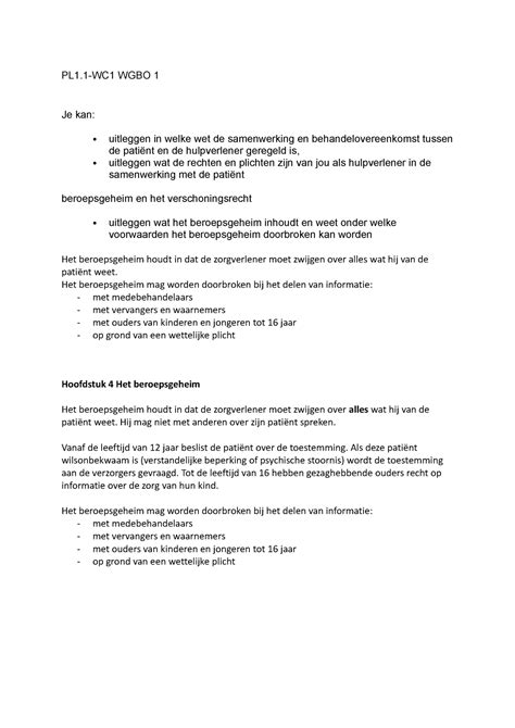 Gezondheidsrecht Begrepen PL1 WC1 WGBO 1 Je Kan Uitleggen In Welke