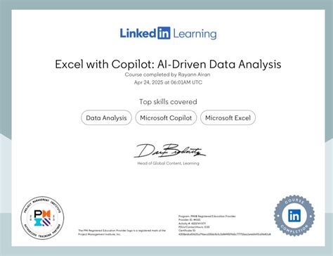 Thrilled To Share That Ive Completed The “excel With Copilot Ai Driven Data Analysis” Course