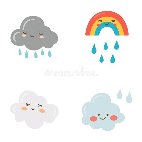 Set Of Cute Rain Cloud Rainbow Cartoon Character In The Sky Stock