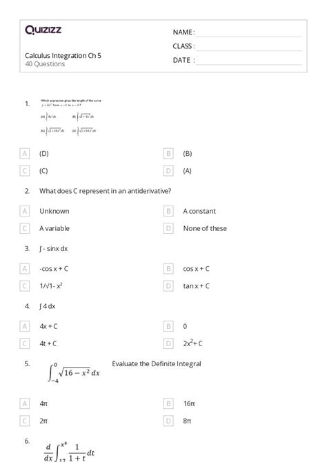 Integral Calculus Worksheets For Th Year On Quizizz Free Printable
