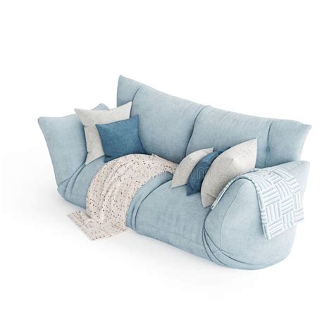 3d Render Of A Blue Sofa With Cushions And Throw Blankets On A White