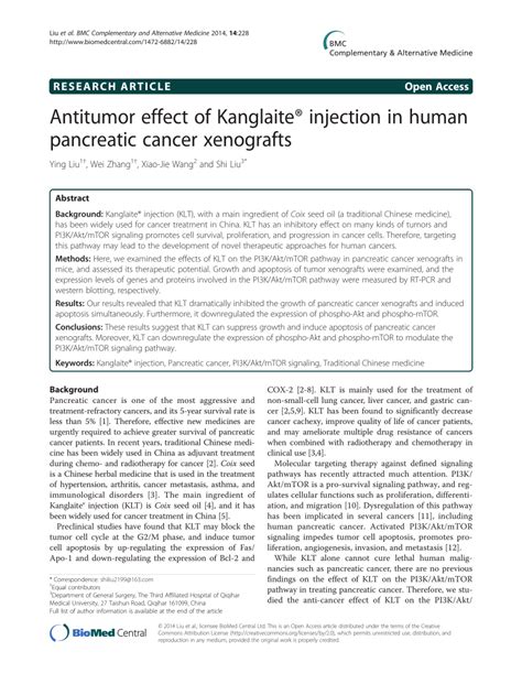 Pdf Antitumor Effect Of Kanglaite R Injection In Human Pancreatic