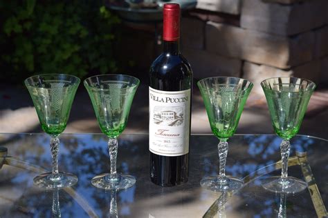 4 Vintage Green Etched Wine Glasses ~ Water Goblets Fostoria ~ Beverly
