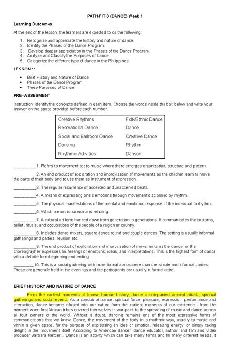 Week Lesson Dance History Nature Phases And Purpose PATH FIT DANCE Week Learning