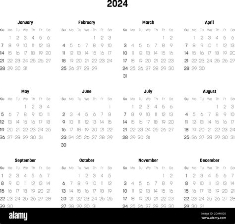 Monthly Calendar Of Year 2024 Week Starts On Sunday Block Of Months In Two Rows And Six