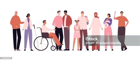다양성과 포용 개념 벡터 플랫 캐릭터 그림입니다 다른 문화 민족 신체 유형 성별 성적 취향 나이에 따라 쾌활한 사람들의 그룹 남녀 사람 일체감에 대한 스톡 벡터 아트 및