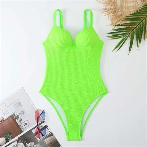 Womens Neon Green Ribbed One Piece Swimsuit Beachwear On Luulla