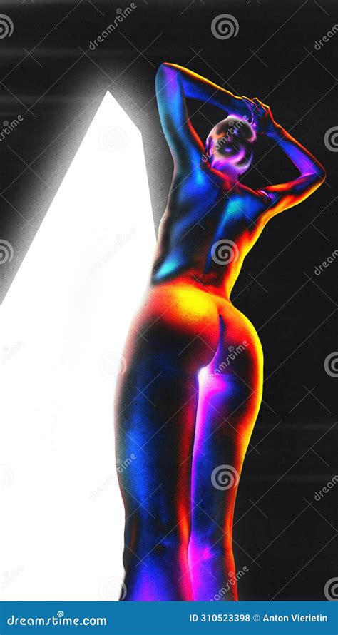 Contemporary Art Collage Woman Inner Energy Neon Lit Naked Female Figure Posing Beside Bright