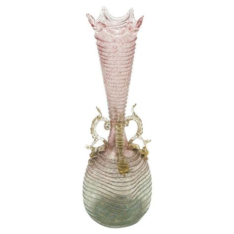 Venetian Pink To Green Art Glass Gold Fleck Quadruple Handled Vase