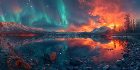 The Aurora Borealis Reflected In A Lake At Sunset Stock Photo Image