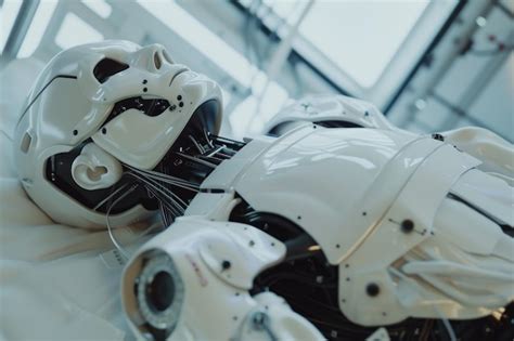 A Robot Is Laying On A Bed With Its Head Tilted To The Side Premium