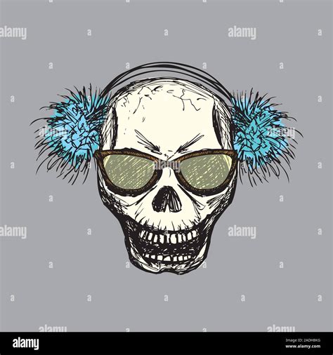 Scary Skull With Glasses And Winter Plush Furry Ear Muffshand Drawn