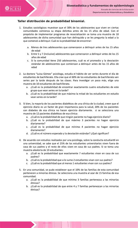 Taller Distribución Binomial Taller Distribución De Probabilidad