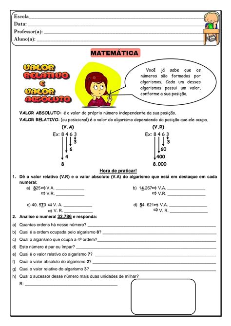 Atividades de Matemática valor relativo e absoluto Atividades Fácil