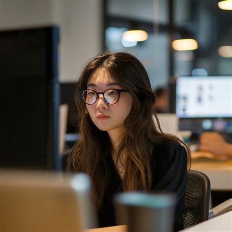 Una Mujer Con Gafas Se Sienta En Una Computadora Con Una Computadora En
