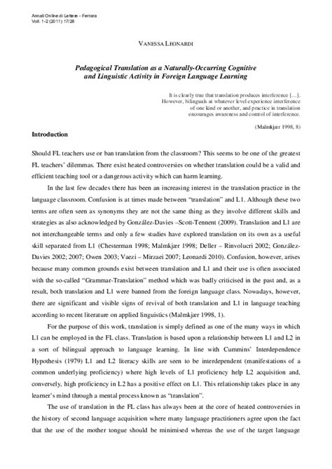 Pdf Pedagogical Translation As A Naturally Occuring Cognitive And