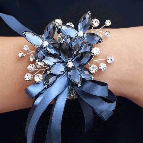 Madison Wrist Corsage In Antique Blue And Silver Modern Flower Corsage