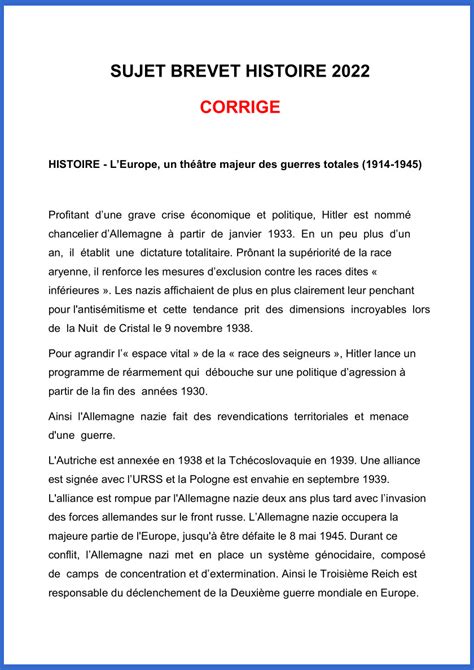 Sujet Et Corrigé Brevet Histoire Pdf 2022 Esam Solidarity