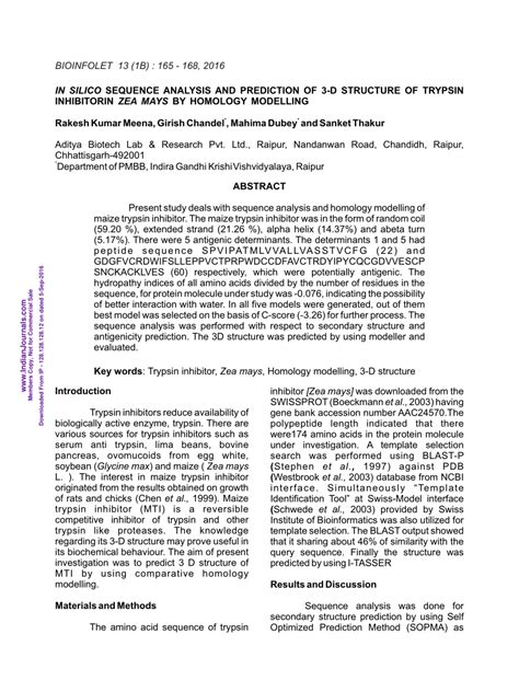 Pdf In Silico Sequence Analysis And Prediction Of 3 D Structure Of