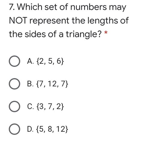 solved 7 which set of numbers may not represent the lengths of the