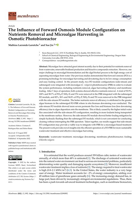 Pdf The Influence Of Forward Osmosis Module Configuration On Nutrients Removal And Microalgae