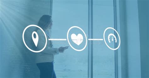 Animation Of Flowchart Biracial Woman Using Digital Tablet And Looking Through Glass Window