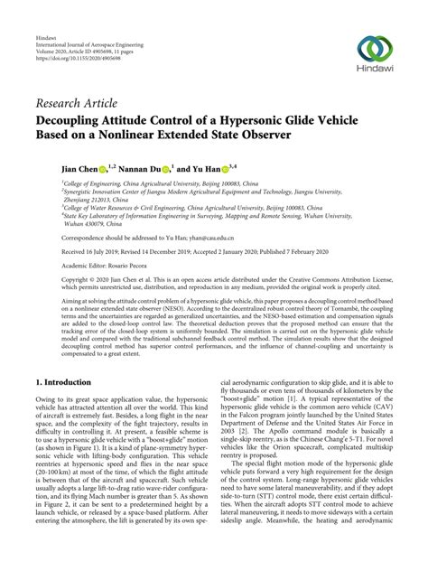 pdf decoupling attitude control of a hypersonic glide vehicle based