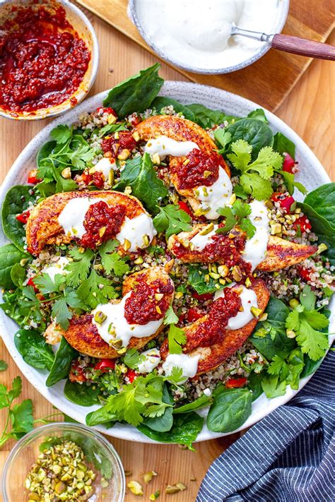 Chicken Quinoa Salad With Honey Harissa And Tahini Yoghurt Recipe Ocean