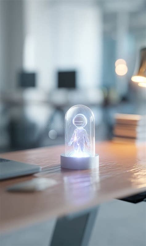 Holographic Ai Assistant On Office Desk Glowing Digital Figure In