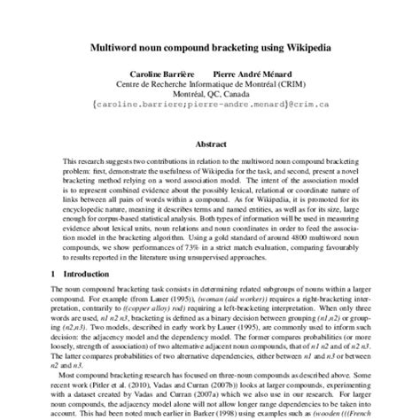 Multiword Noun Compound Bracketing Using Wikipedia Acl Anthology