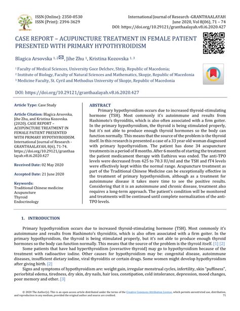 Pdf Case Report Acupuncture Treatment In Female Patient Presented