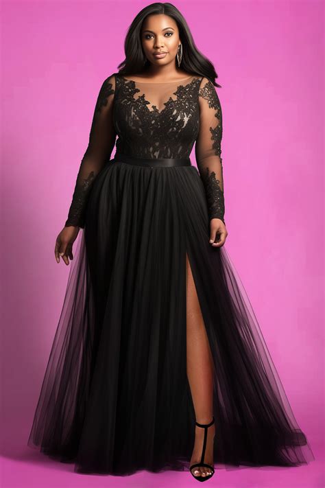 Xpluswear Design Plus Size Formal Black V Neck Long Sleeve Split See