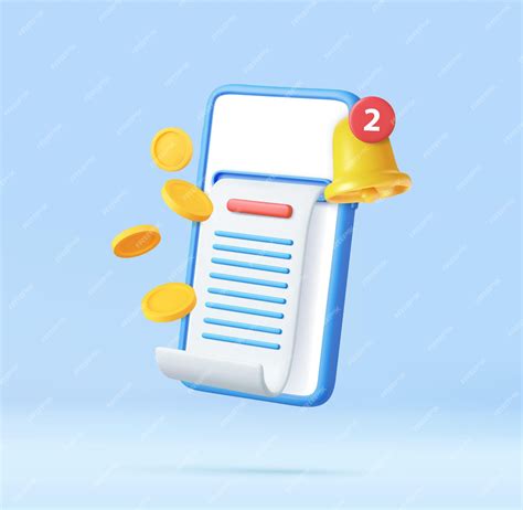 3d 휴대전화 뱅킹 온라인 결제로 돈을 지불합니다 스마트폰 거래에 돈 동전을 사용한 청구서 벨 알림 3d 렌더링 벡터 그림이 포함된 휴대전화 금융 경고 프리미엄 벡터