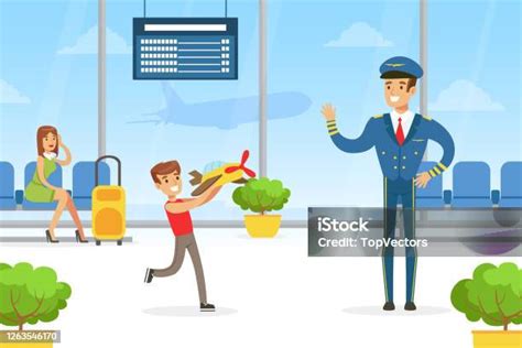 공항 인테리어 공항 터미널에서 장난감 비행기를 재생 귀여운 소년 그의 손 벡터 일러스트와 함께 그를 인사 하는 남성 조종사 공항에 대한 스톡 벡터 아트 및 기타 이미지