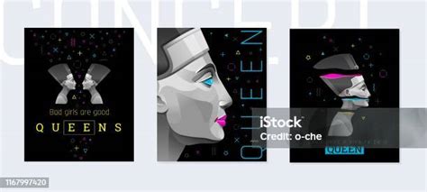 네페르티티 클레오파트라 퀸 포스터 소녀 패션 컨셉입니다 기하학적 모양과 고대 이집트 파워 걸 초상화 멋진 슬로건 디자인 세트 벡터 일러스트레이션 검은 색 배경 고대의에 대한