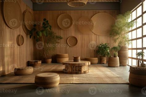 Bamboo Walls With Woven Mat Accents Rattan Furniture And Ceramic Pots