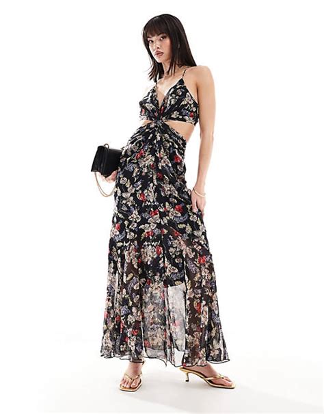Asos Design Soft Maxi Sundress With Cutout In Black Floral Print Asos