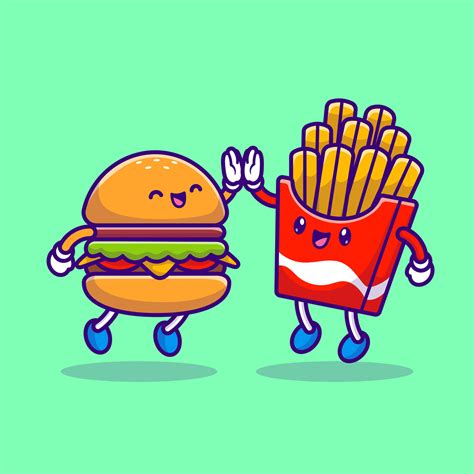 Cute Hamburger High Five With French Fries Cartoon Vector Icon Illustration Food Friend Icon