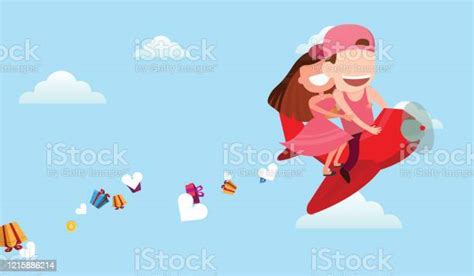 귀여운 만화 웨딩 커플 남자와 여자 카드는 비행기 출시와 심장 구름을 구동합니다 스타트업 플랫 디자인 귀여운 발렌타인 데이 카드 소녀에 대한 스톡 벡터 아트 및 기타 이미지