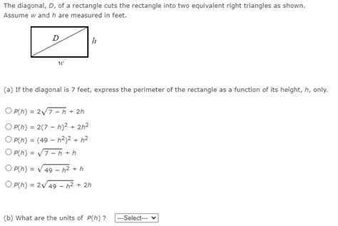 Solved The diagonal, D, ﻿of a rectangle cuts the rectangle | Chegg.com