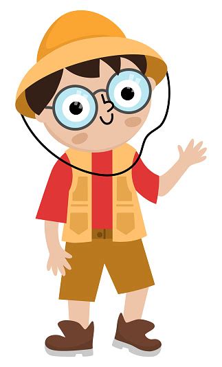 벡터 Paleontologist 아이콘 입니다 만화 고고학자 소년 클립 아트 에서 모자 와 갈색 부츠 흔들 손 역사적인 공룡