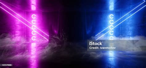 네온 공상 과학 Fi 미래 팬톤 보라색 파란색 레이저 사이버 콘크리트 연기 안개 차고 쇼케이스 지하 클럽 복도 터널 3d 렌더링 0명에 대한 스톡 사진 및 기타 이미지