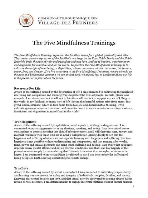 The Five Mindfulness Trainings 2022 Pdf Noble Eightfold Path Love
