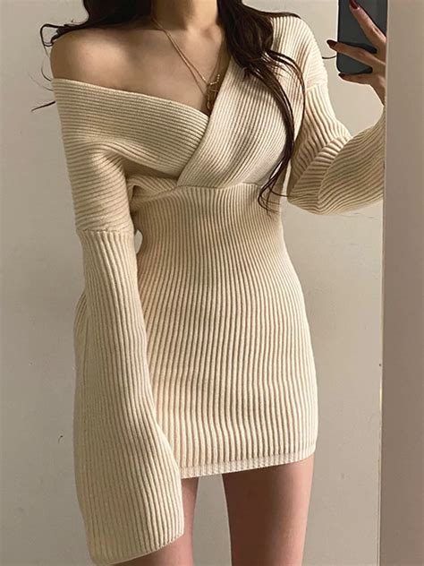Zingj Suchcute Elegance V Neck Knitted Midi Dress Women Korean Fashion