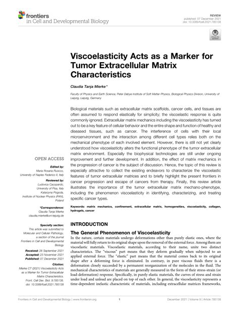 Pdf Viscoelasticity Acts As A Marker For Tumor Extracellular Matrix Characteristics