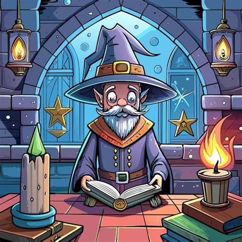 Premium Vector A Cartoon Illustration Of A Wizard Reading A Book With
