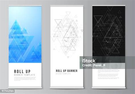 편집 가능한 벡터 사이트 배너 스탠드 수직 전단지 최대 롤의 플래그 비즈니스 템플릿 디자인 점 들과 라인을 연결 하는 삼각형 다각형 배경 연결 구조 가리기에 대한 스톡 벡터
